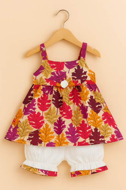 Baby Girl Frock Dress 3-Piece Set – Autumn Leaf Print Cotton Outfit ...