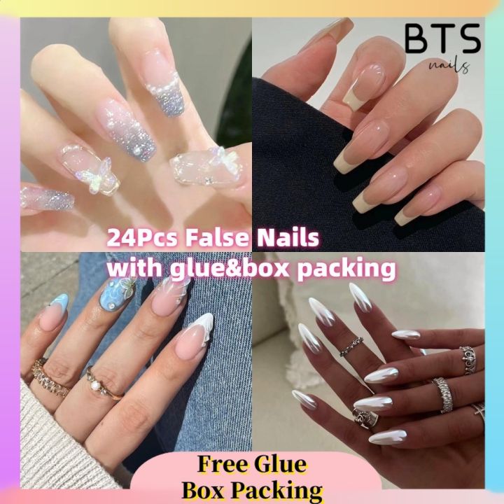 BTS 【WITH GLUE】24Pcs Fake Nails Pattern DIY Art Design False Nails ...