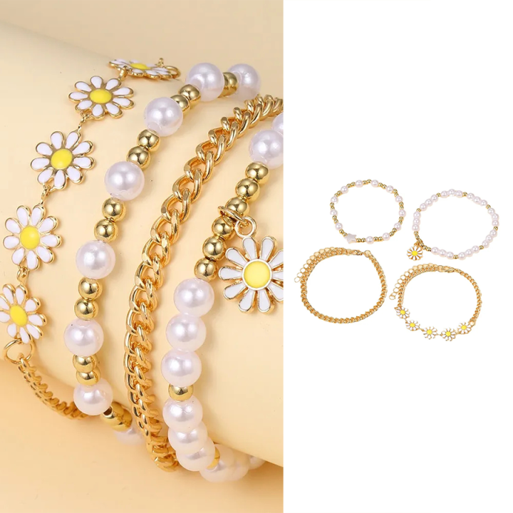 4Pcs/Set Bohemian Beach Daisy Bracelets for Women Golden Pearl Chain ...