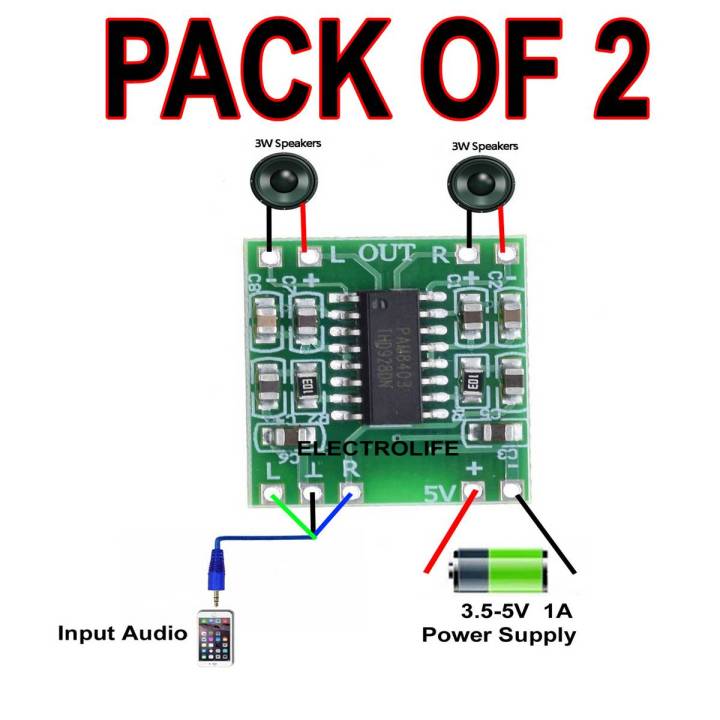 (PACK OF 2) PAM8403 Module Super Mini Digital Amplifier Board 2x3W Class D, 2.5V to 5V ...