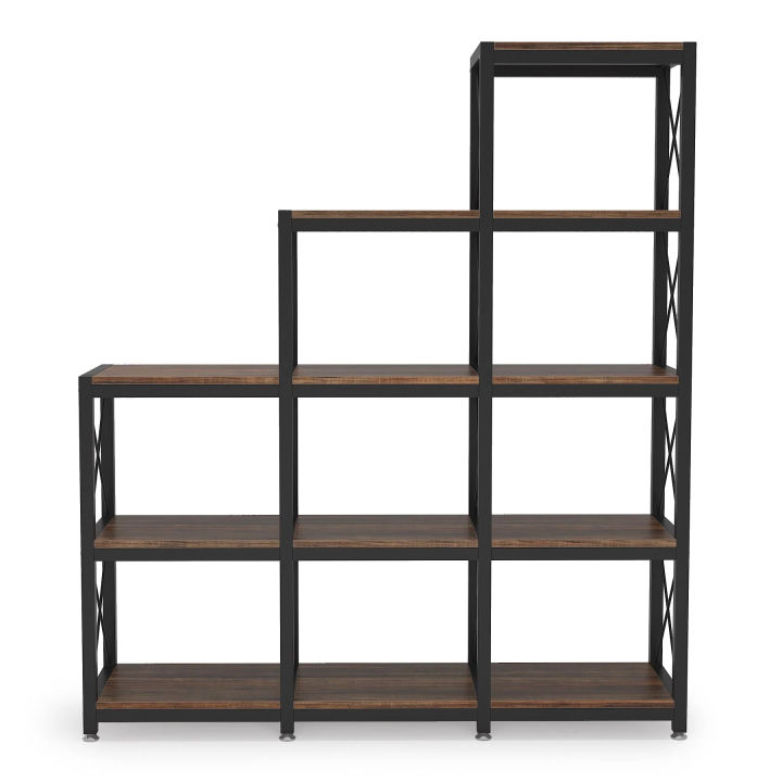 L-Shaped Ladder 9 Cubes Bookshelf, 12 Shelves Industrial Corner Etagere ...