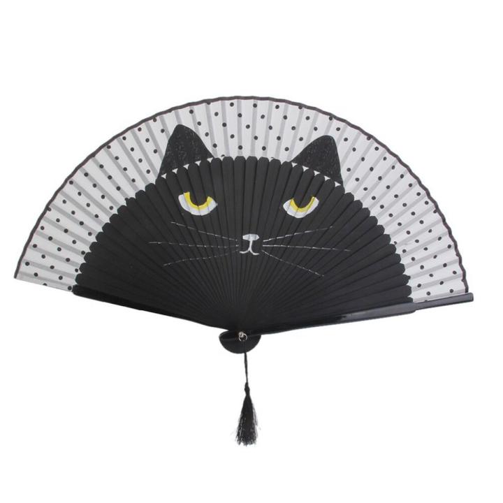 Fan Folding Hand Fans Cat Silk Handheldfoldable Cartoonwith Held Tassel ...