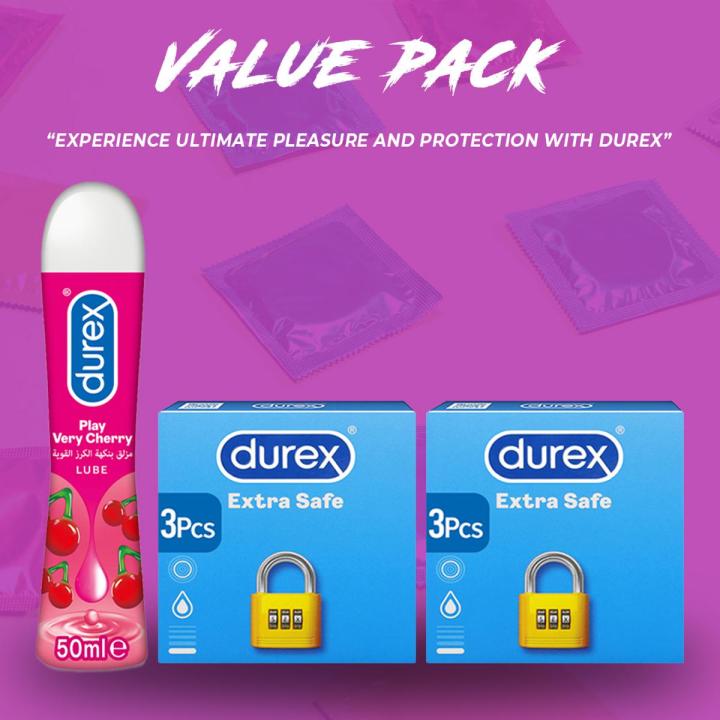 Durex Pack of 3 - Durex Play Cherry Lube 50ml + Durex Extra Safe 3s ...