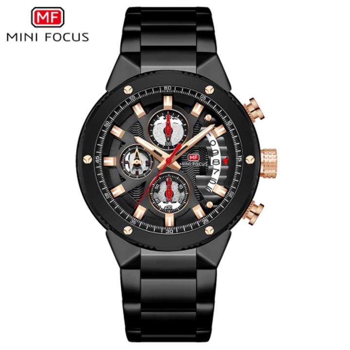 Mini Focus Black Stainless Steel Black Dial Chronograph Quartz Watch ...