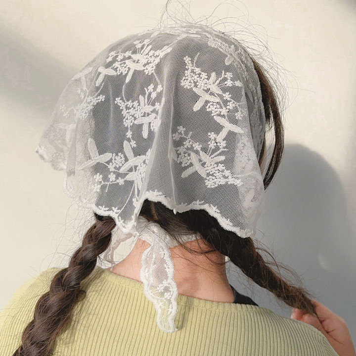 White Woven Floral Lace Hair Scarf Wraps Women Retro Triangle Headscarf ...