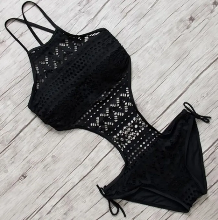 Premium Quality Stylish Black Crochet Backless Halter Beach Bikini ...