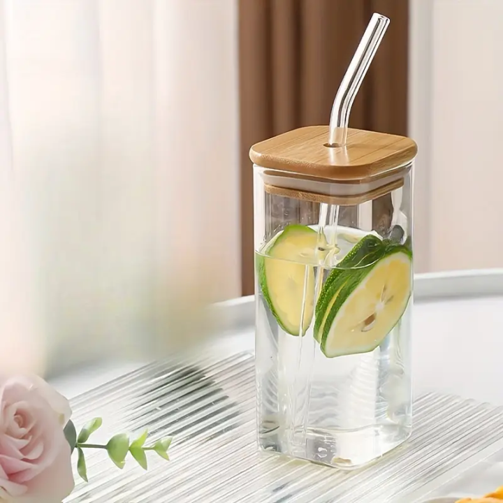 Square Glass - Square shape Glass with glass straw and wooden lid ...
