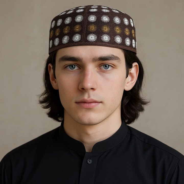NOKTA® Premium Taj-e-Namaz Cap – Brown Embroidered Islamic Prayer Topi ...