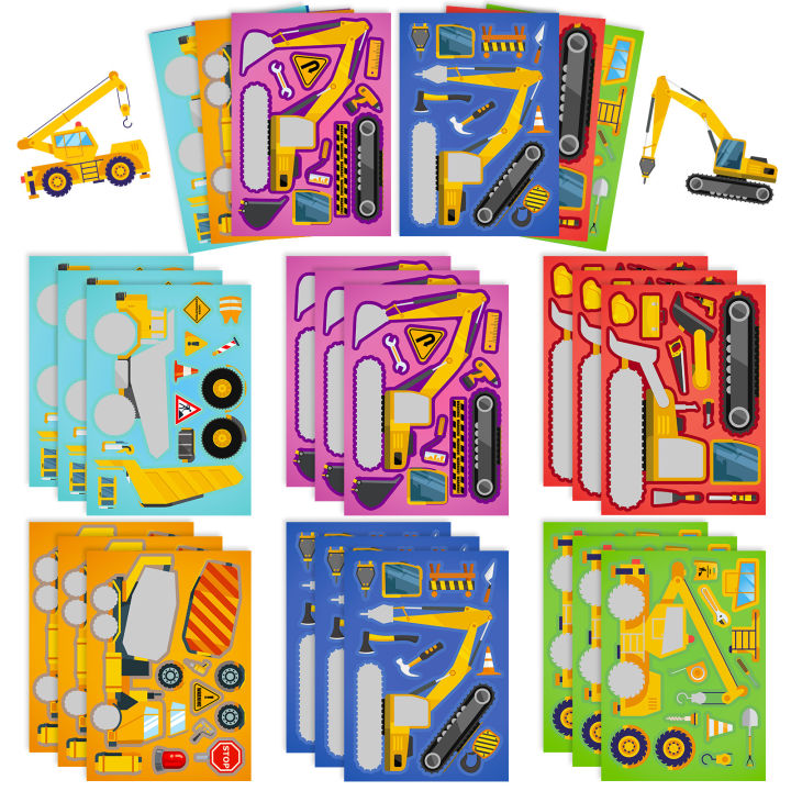 6Sheets Children DIY Puzzle Sticker Games 6 Engineering Truck Make A ...