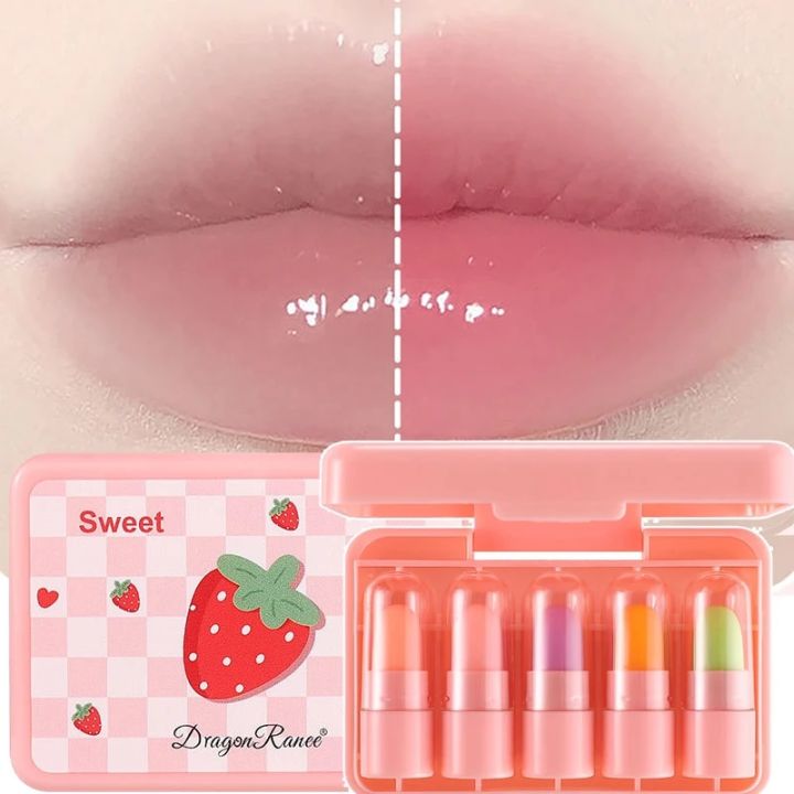 5PC/Box Strawberry Lipstick Set Temperature Color Changing Lip Balm Kit ...