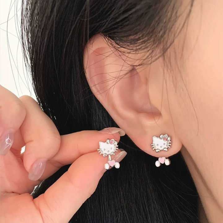 1Pair Versatile Kt Cat Earrings Cute Cartoon Stud Earrings Trendy Sweet ...