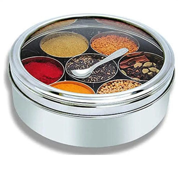 Stainless steel spice box in steel with 7 spice containers with see ...
