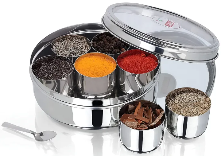 7 Partitions SMALL Masala Box with Acrylic Glass Lid Stainless Steel ...