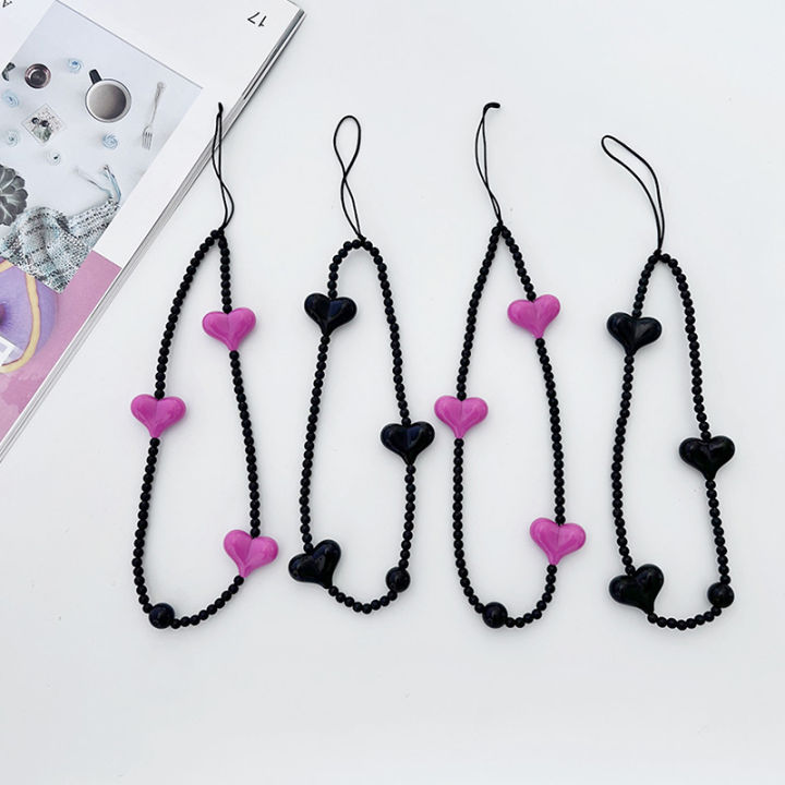 Korean Black Heart Phone Charm Straps Acrylic Beaded Cell Phone Chains ...