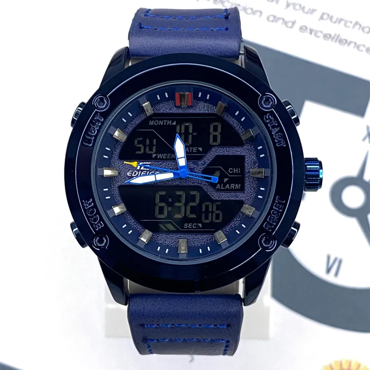 Men’s Dual Display Leather Strap Watch with Analog Digital Time Day ...