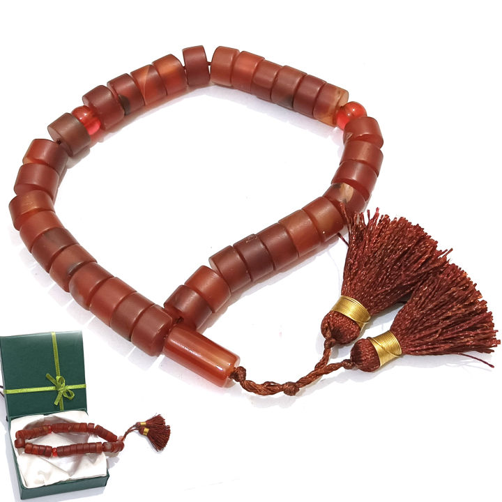 ORIGINAL Red Color Natural stone Aqeeq Tasbeeh 33 Beads With Box ...