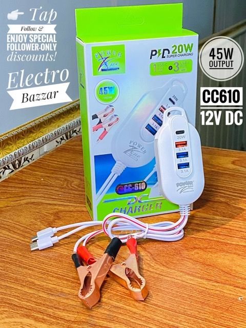 Power Zone 45W DC Clip Charger – 3 USB + 1 Type-C Port, Fast Charging ...