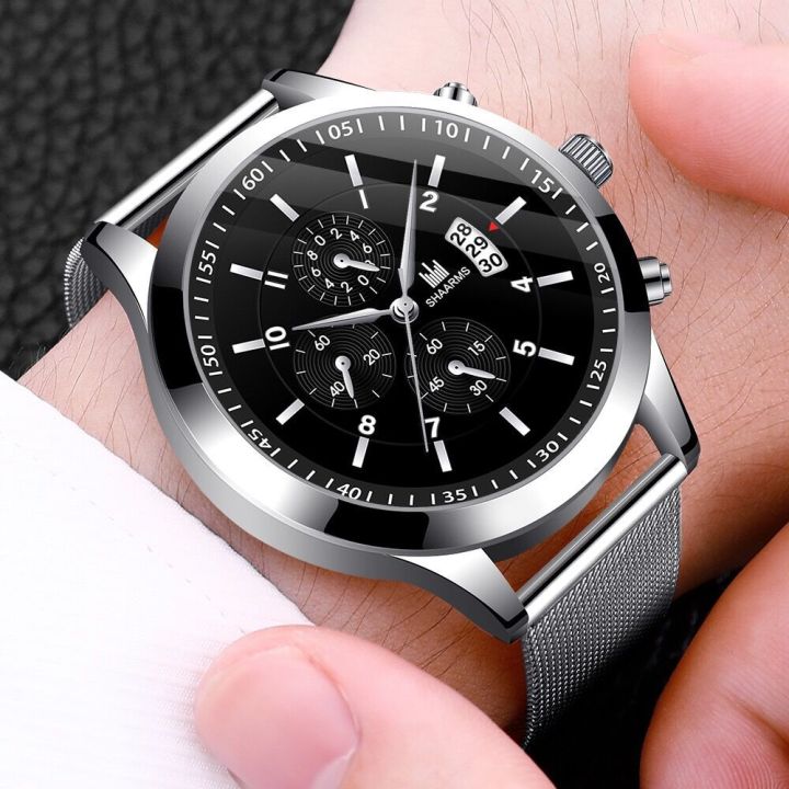 New Big Sale Trendy Men's Double Scale Mesh Strap Watch Fake Three Eyes ...