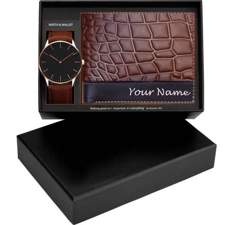Genuine Leather Customize Name Wallet and Watch Set | Daraz.pk