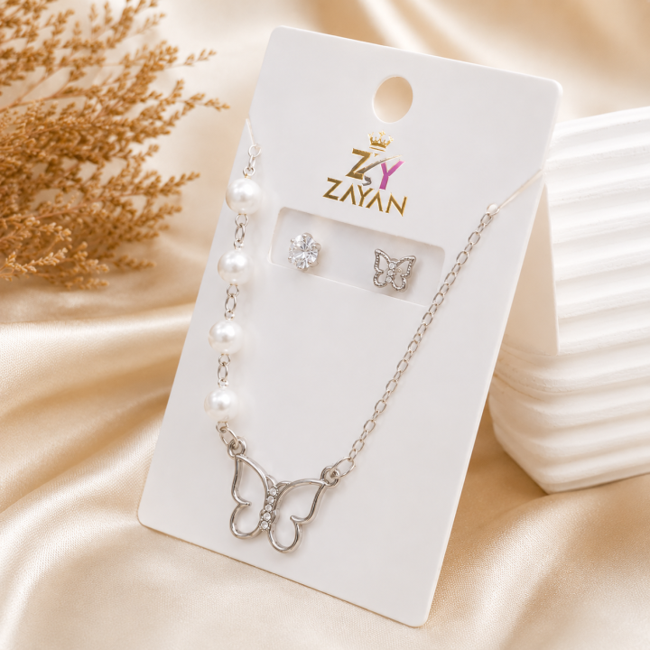 Elegant Butterfly Pearl Necklace Set for Women | Silver Plated Chain ...