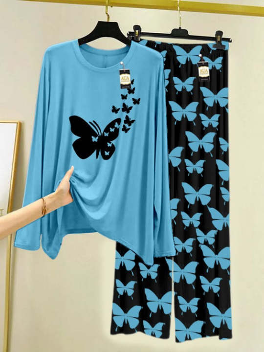 Aqua Blue Flying Butterfly Printed Nightwear Set With Black Butterfly ...