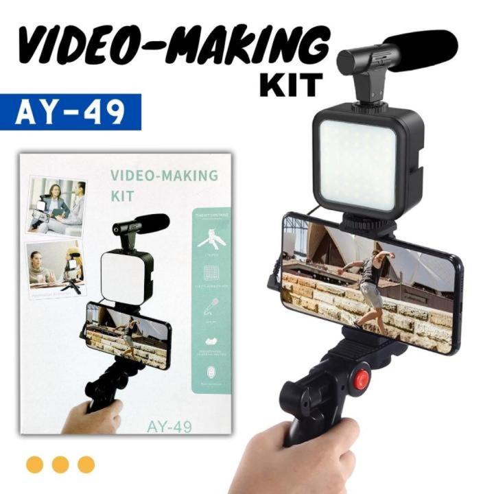 Vlogging Video Making Kit For Mobile Phones - Model AY-49 - Tripod Kit With Microphone And Light ...