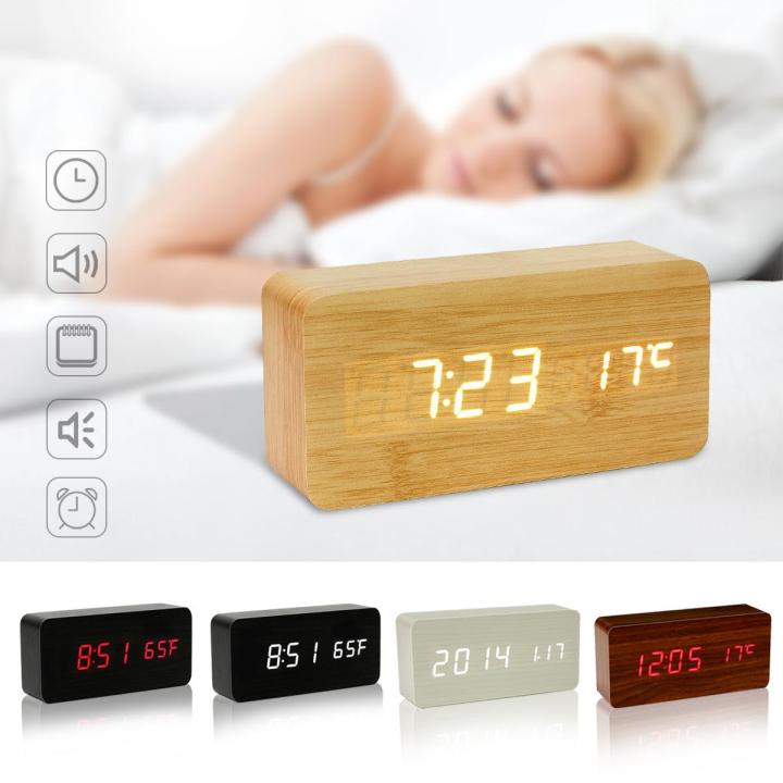 Bamboo Wooden Digital White LED Alarm Modern Clock Calendar Thermometer ...