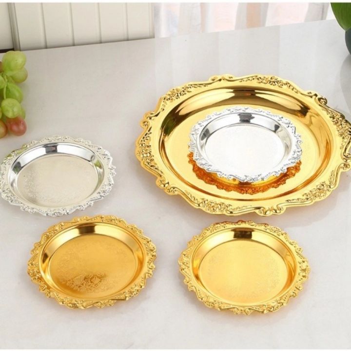 Retro Golden Silver Cake Tray Round Desktop Fruit Snack Plate Dinner ...