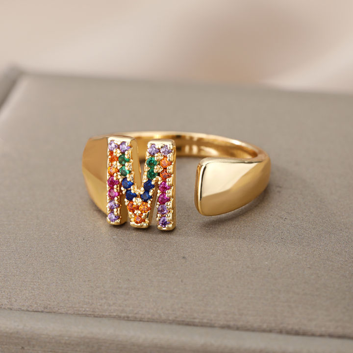 2024 Rainbow Zircon Letter Rings For Women Fashion Chunky Wide Letter A ...