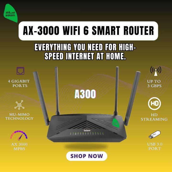 SALAM A300 AX3000 Dual Band WiFi 6 Fast Router – High-Speed Gaming ...