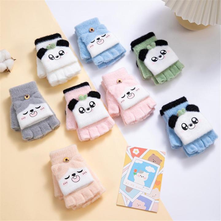 Cartoon Soft Mink Fleece Student Mittens Chiikawa/Panda Pattern Half ...