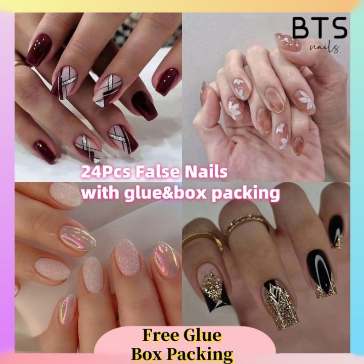 BTS 【WITH GLUE】24Pcs Fake Nails Pattern French False Nails Wearable ...