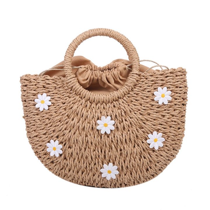 NEW Flower Decoration Handmade Straw BagLadies Wrapped Beach Bag Half ...
