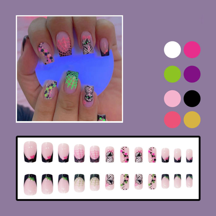 WSJ-30 24pcs Pink Spider Web Short Press on Nails Kit with Fluorescent ...