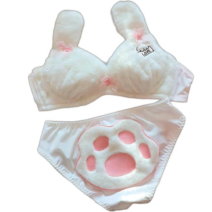 Cute Bunny Plush Lingerie Set – Soft Fluffy Bra & Panty with Paw Design ...