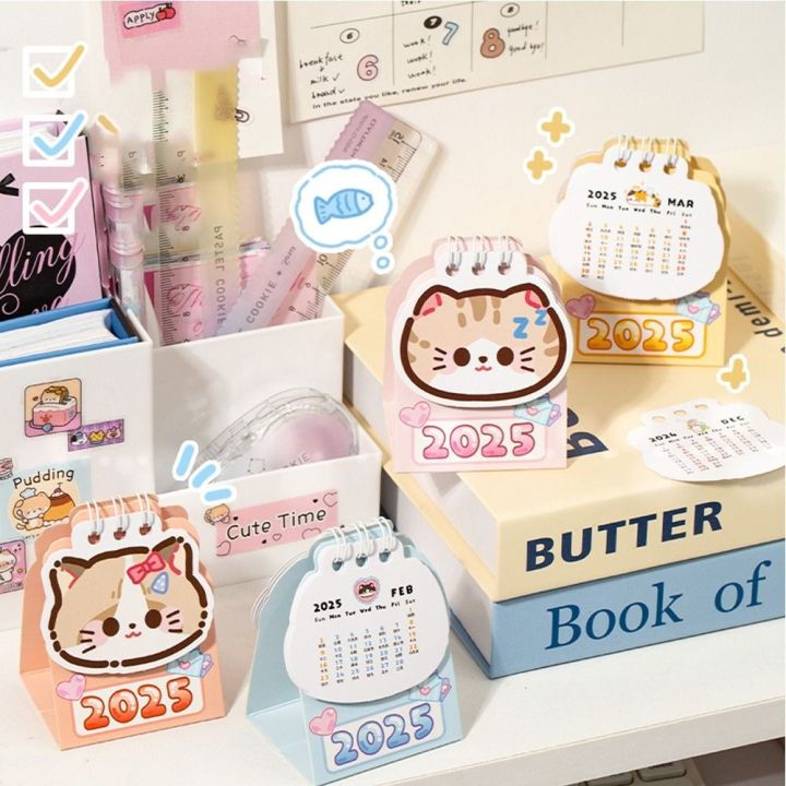 Portable 2025 Mini Desk Calendar Cartoon Cat Coil Planner Desktop ...