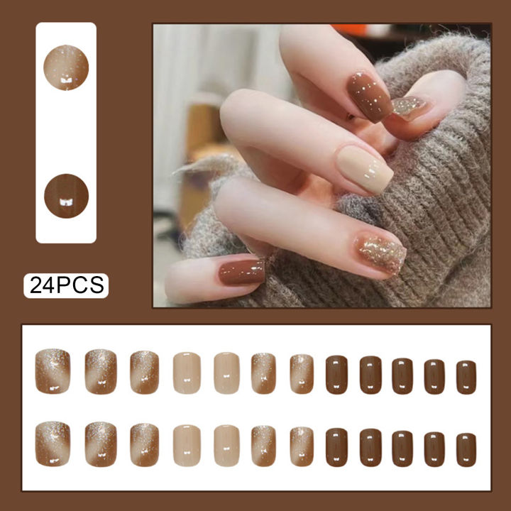 R891 Square Press On Fake Nails 24pcs with Glitter Design Brown Ombre ...