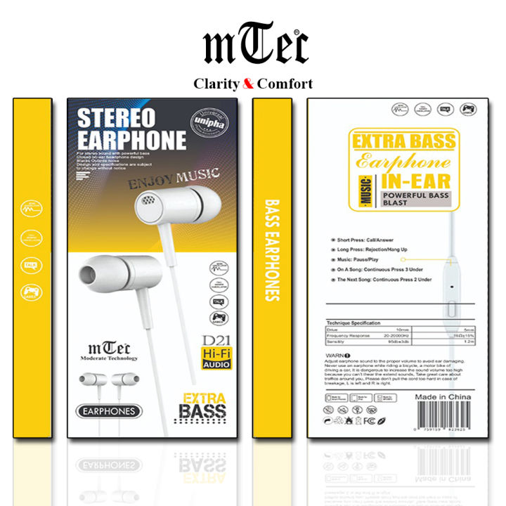mTec Affordable Earphones D21 Stereo Handsfree with Mic | Daraz.pk