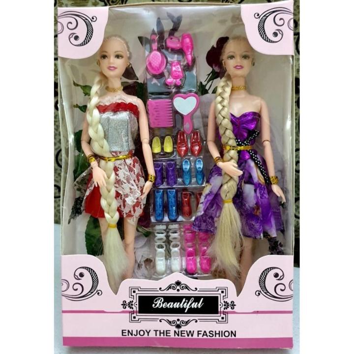 Pair Of 2 Bendable Dolls With Fancy Dresses And Shoes (Multicolour ...
