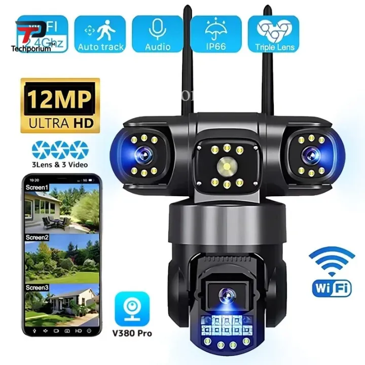 Ultra HD 6K 12MP Smart CCTV Camera | WiFi IP PTZ Triple Lens 360° View ...