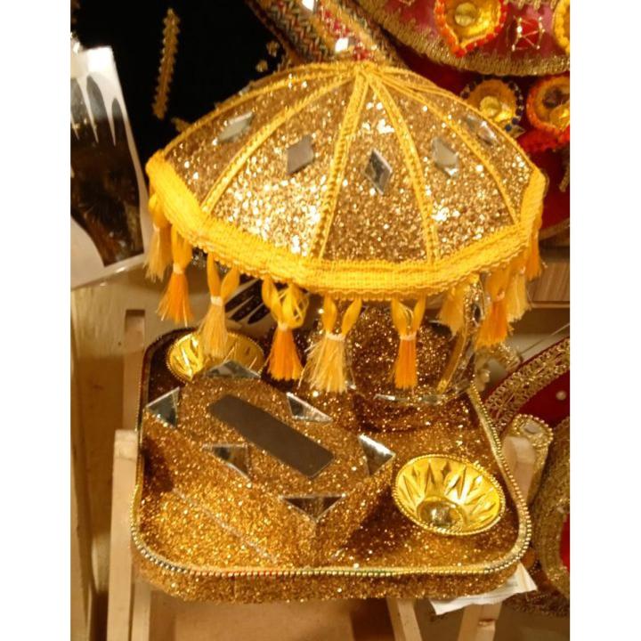 Golden Beautiful Mehndi Tray Square With 2 Diya and 1 Golden Umbrella ...