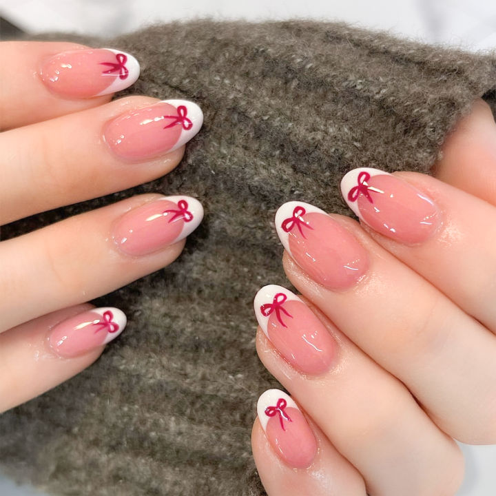 JP3637 24PCS French Pink Press on Nails with Bow Design - Simple Style ...
