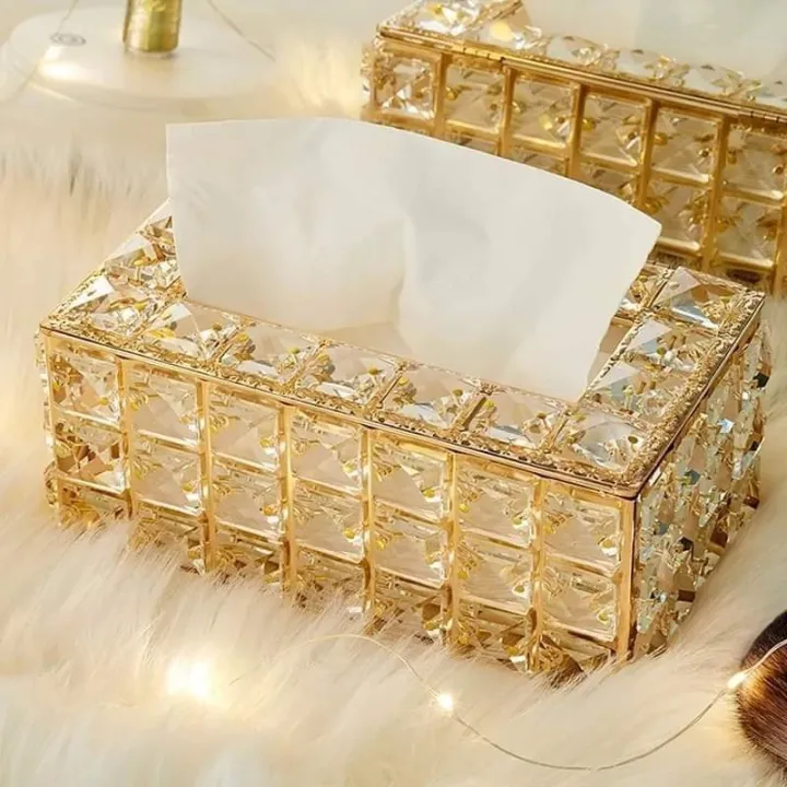Fancy Golden Tissue Box luxury Crystal Stones Box For Vanity Dresser ...