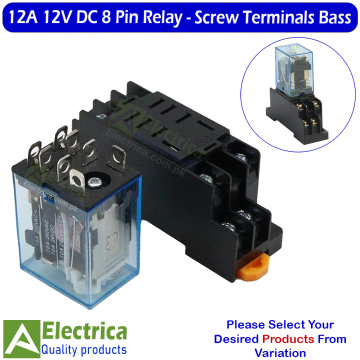 8 Pin 12A Coil 12V DC Power Relay and PTF08A Screw Terminals Base 12V ...