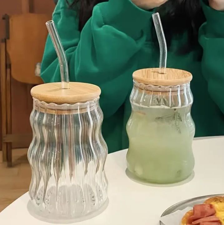 Coffee Glass With Straw and Lid 500ml – Heat-Resistant Bubble Wave ...