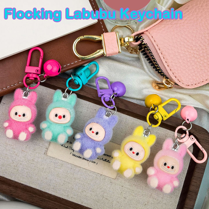 Flocking Labubu Key Chain Doll Charm Phone Pendant Car Key Ring Bag ...