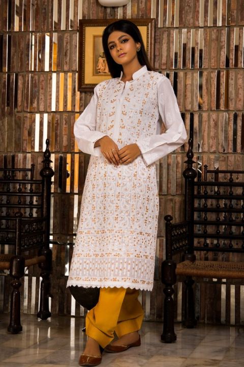 Classic White Gota Pati Chikankari Kurta | Daraz.pk