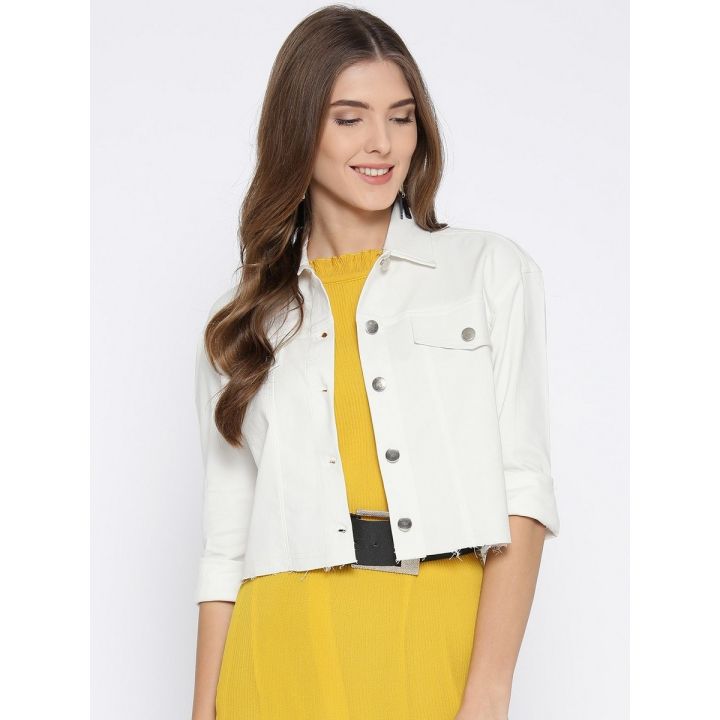 ETERNAL Athena Women White Solid Cropped Denim Jacket | Daraz.pk