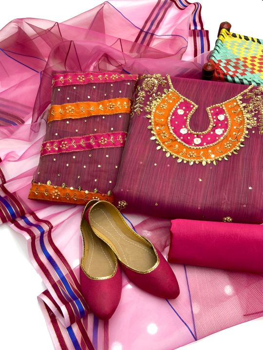 *New Collection 03 Pcs DRESS Rangoli Organza Handmade Shirt with Applic ...