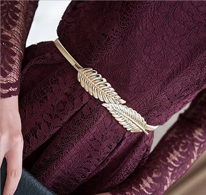 Leaf Design Elastic Waistband Chain Metal Spring Belt for Women - Gold ...
